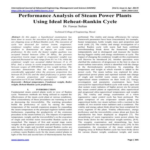 performance analysis of steam power plants using ideal reheat rankin ...