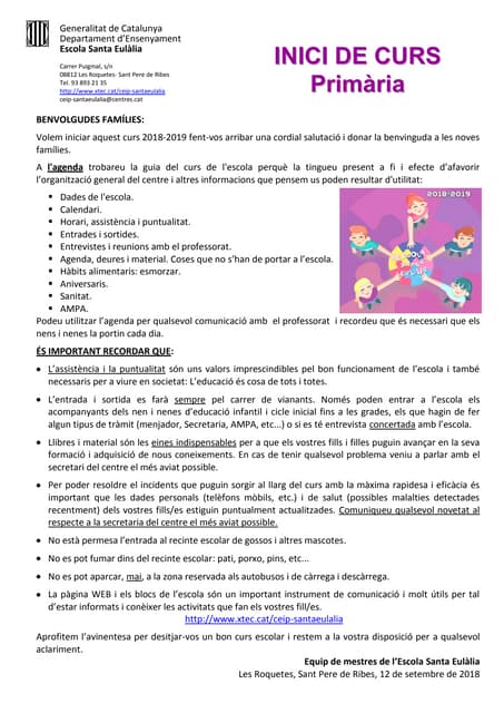 Informacions inici de curs famílies infantil 2019 2020 | PDF