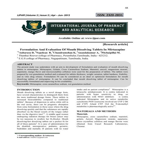 Formulation And Evaluation Of Mouth Dissolving Tablets In Mirtazapine Pdf