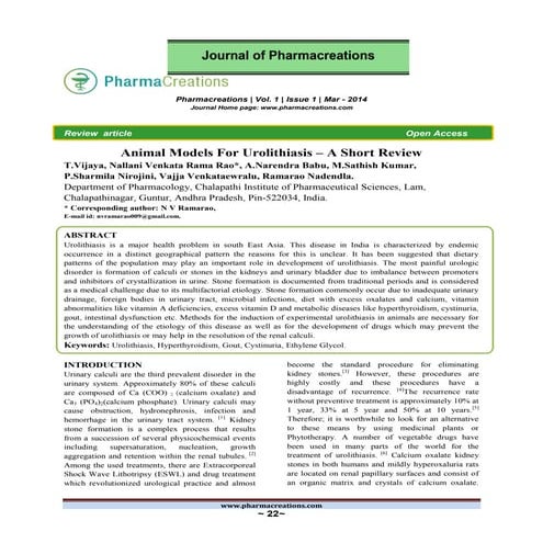 Animal Models For Urolithiasis – A Short Review | PDF