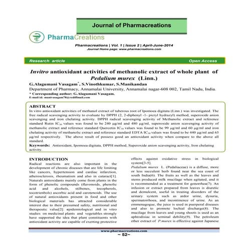 Invitro antioxidant activities of methanolic extract of whole plant of Pedalium murex (Linn.) | PDF