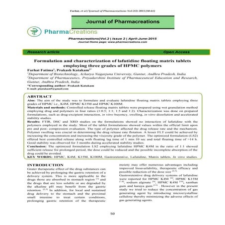 Formulation and characterization of lafutidine floating matrix tablets employing three grades of ...
