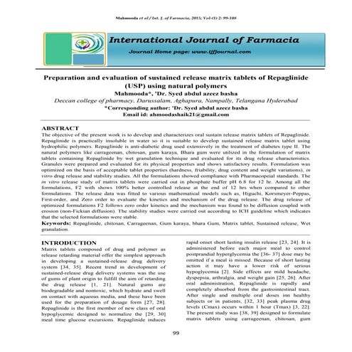 Preparation And Evaluation Of Sustained Release Matrix Tablets Of Repaglinide Usp Using