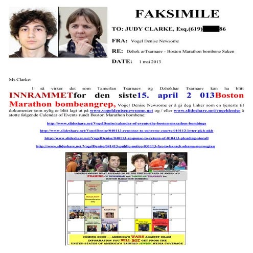 050113 fax to judy clarke (boston marathon bombing) - norwegian | PDF