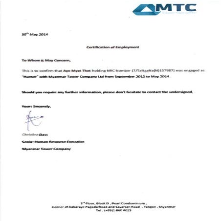 Recommentation Letter from MTC Company | PDF