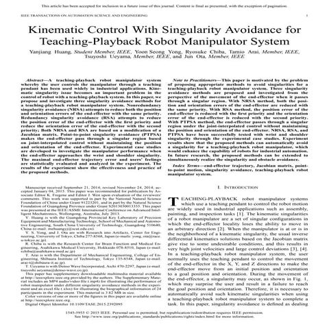 Kinematic control with singularity avoidance for teaching-playback robot manipulator system ...