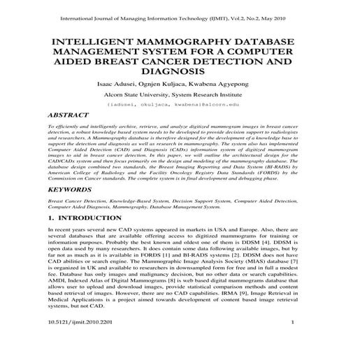 Intelligent Mammography Database Management System for a Computer Aided Breast Cancer Detection ...