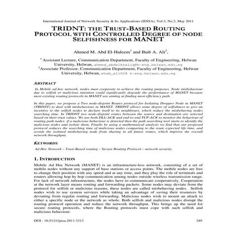 TRIDNT: THE TRUST-BASED ROUTING PROTOCOL WITH CONTROLLED DEGREE OF NODE SELFISHNESS FOR MANET | PDF