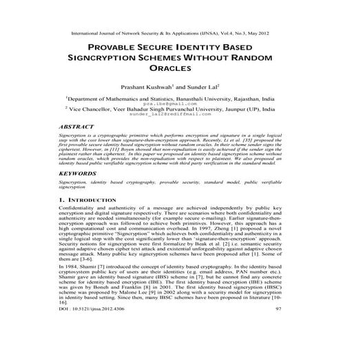 Provable Secure Identity Based Signcryption Schemes Without Random Oracles Pdf
