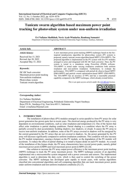 Tunicate Swarm Algorithm Based Maximum Power Point Tracking For Photovoltaic System Under Non 1238