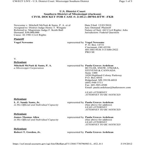 DOCKET SHEET (Newsome vs. Mitchell McNutt & Sams, et al.) | PDF | Legal ...
