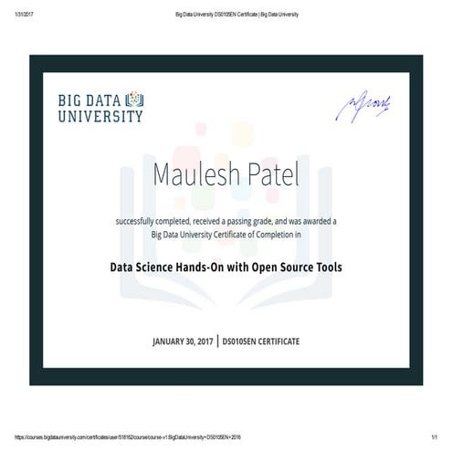 Big Data University DS0105EN Certificate _ Big Data University | PPT