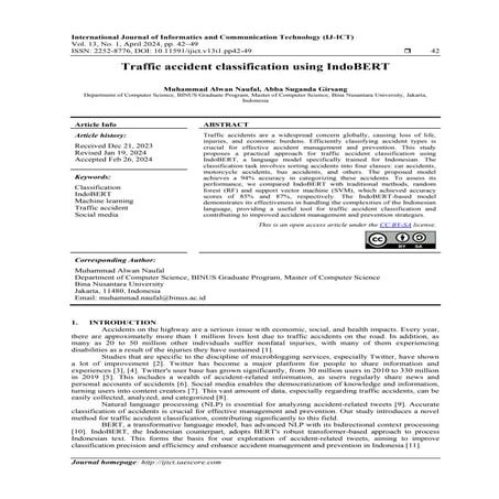 Traffic accident classification using IndoBERT | PDF