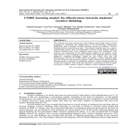 CORE learning model: Its effectiveness towards students’ creative ...