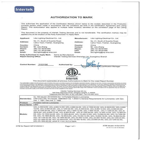 Under Cabinet Light Certification_Libo Lighting | PDF