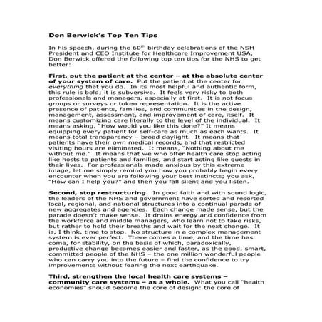 Dr Don Berwick Top 10 Tips | PDF | Health Insurance | Insurance