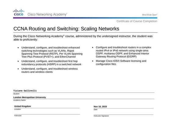 CCNA Routing and Switching - Certificate of Completion | PDF