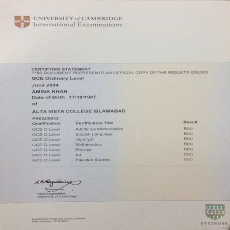 Aminas O Level Cert | PDF