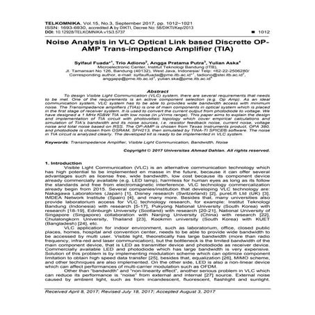 Noise Analysis in VLC Optical Link based Discrette OPAMP Trans-impedance Amplifier (TIA) | PDF
