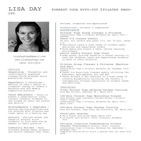 Lisa Day Yoga Resume | DOCX