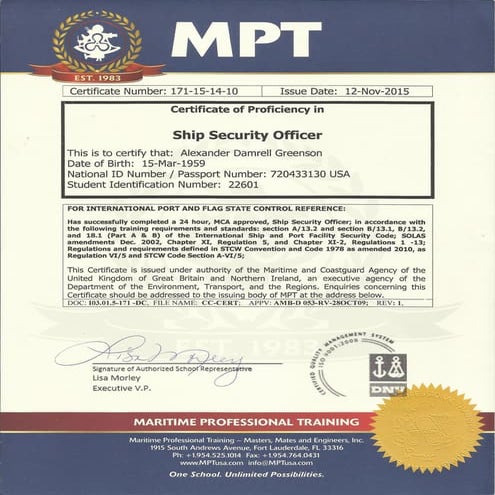 Ship Security Officer Certificate | PDF