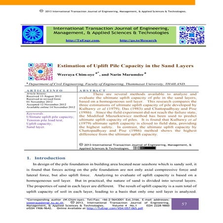 Estimation of Uplift Pile Capacity in the Sand Layers | PDF
