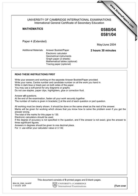 Cambridge IGCSE 0580 Mathematics specimen paper 1 for examination from ...