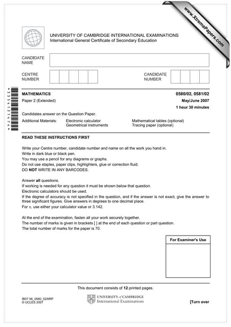 Cambridge IGCSE 0580 Mathematics specimen paper 3 for examination from ...