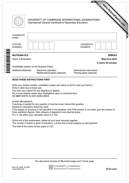 Cambridge IGCSE 0580 Mathematics specimen paper 3 for examination from ...