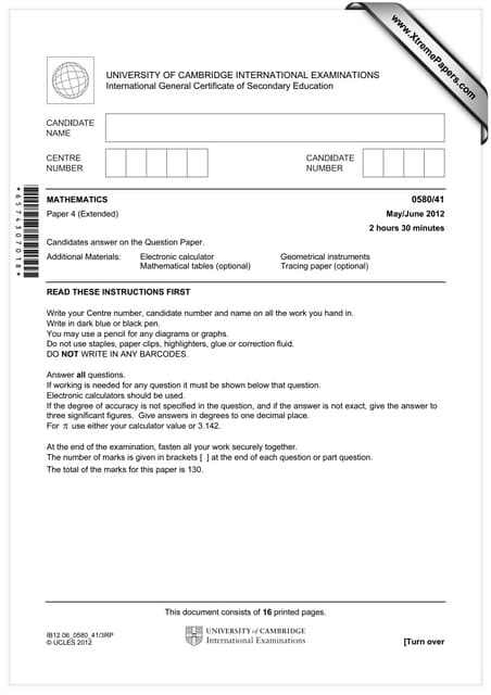 Cambridge IGCSE 0580 Mathematics specimen paper 1 for examination from ...