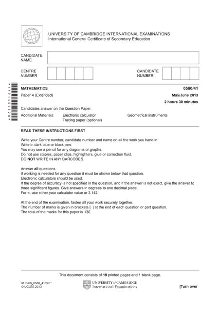 Cambridge IGCSE 0580 Mathematics specimen paper 1 for examination from ...