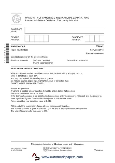 Cambridge IGCSE 0580 Mathematics specimen paper 2 for examination from ...