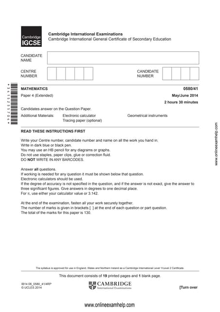 Cambridge IGCSE 0580 Mathematics specimen paper 1 for examination from ...