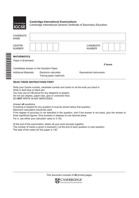 Cambridge Igcse 0580 Mathematics Specimen Paper 2 For Examination From