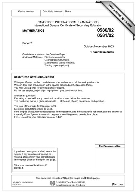 Cambridge IGCSE 0580 Mathematics specimen paper 1 for examination from ...