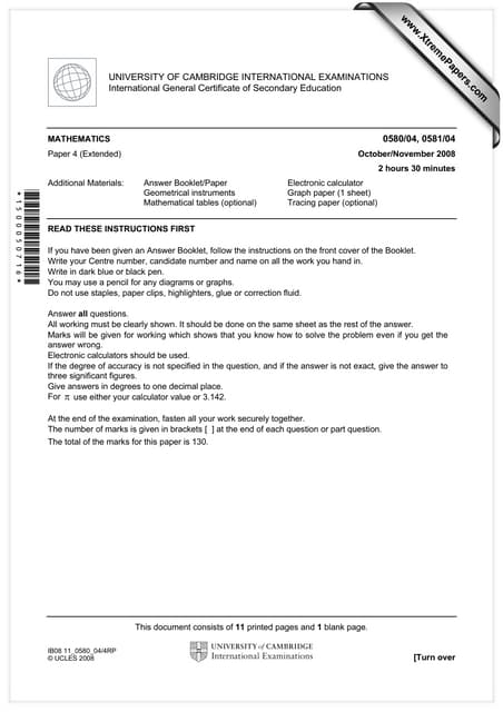 Cambridge IGCSE 0580 Mathematics specimen paper 4 for examination from ...