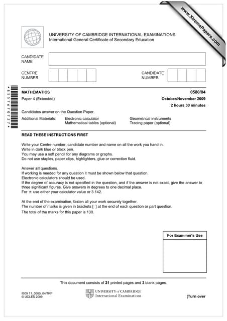 Cambridge IGCSE 0580 Mathematics specimen paper 4 for examination from ...