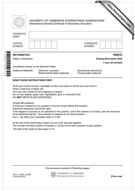 Cambridge IGCSE 0580 Mathematics specimen paper 4 for examination from ...
