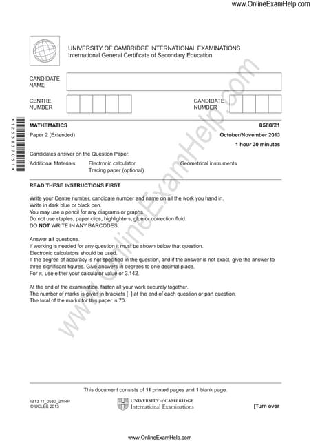 Cambridge IGCSE 0580 Mathematics specimen paper 2 for examination from ...