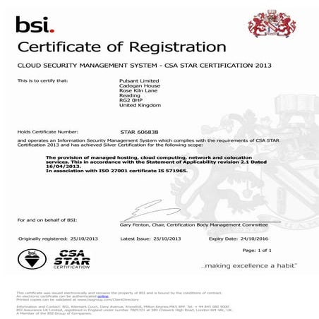 Pulsant Ltd CSA STAR Certificate | PDF