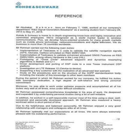 Reference Letter - Rohde and Schwarz | PDF