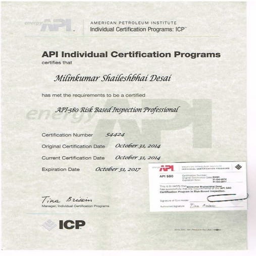 Milinkumar-API 580 Certificate | PDF