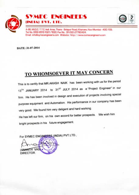 Q.C Engineer Experience Certificate from Techshore | PDF