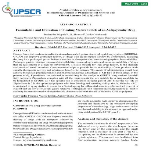 Formulation And Evaluation Of Floating Matrix Tablets Of An Antipsychotic Drug Pdf