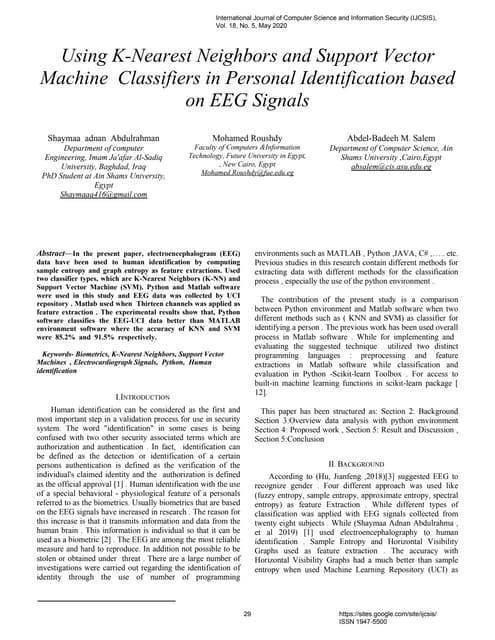 Using K Nearest Neighbors And Support Vector Machine Classifiers In Personal Identification