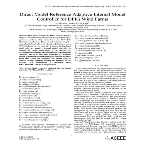 Direct Model Reference Adaptive Internal Model Controller for DFIG Wind Farms | PDF