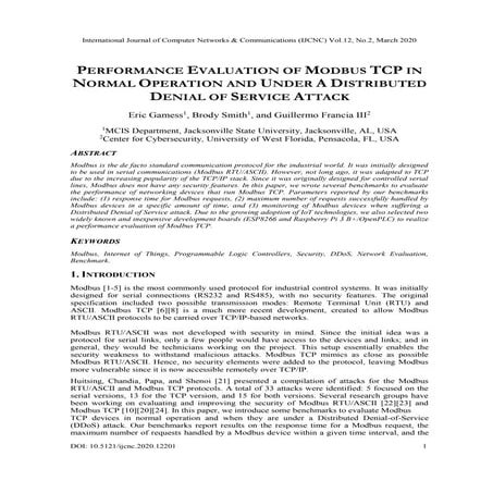 Performance Evaluation Of Modbus Tcp In Normal Operation And Under A 1955