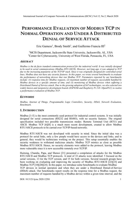 Performance Evaluation Of Modbus Tcp In Normal Operation And Under A 1955