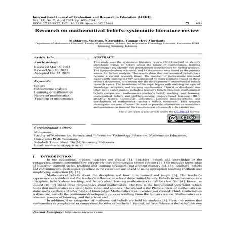 Research on mathematical beliefs: systematic literature review | PDF