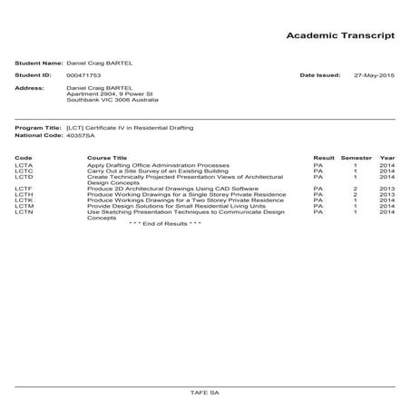 150521 - Academic Transcript - Certificate IV in Residential Drafting | PDF